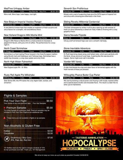 101 Bottles of Beer on the Wall menu in Kent, Ohio, USA