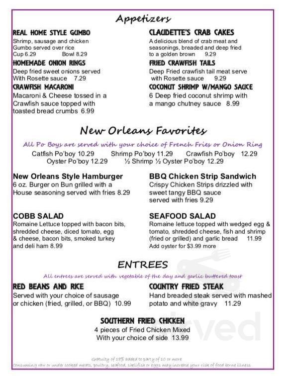 The Real New Orleans Style Restaurant menu in Marble Falls, Texas, USA