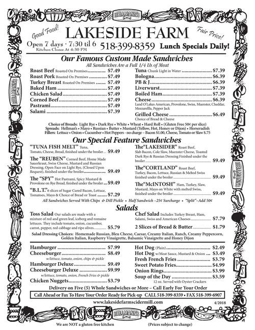 Lakeside Farms menu in Ballston Lake, New York, USA