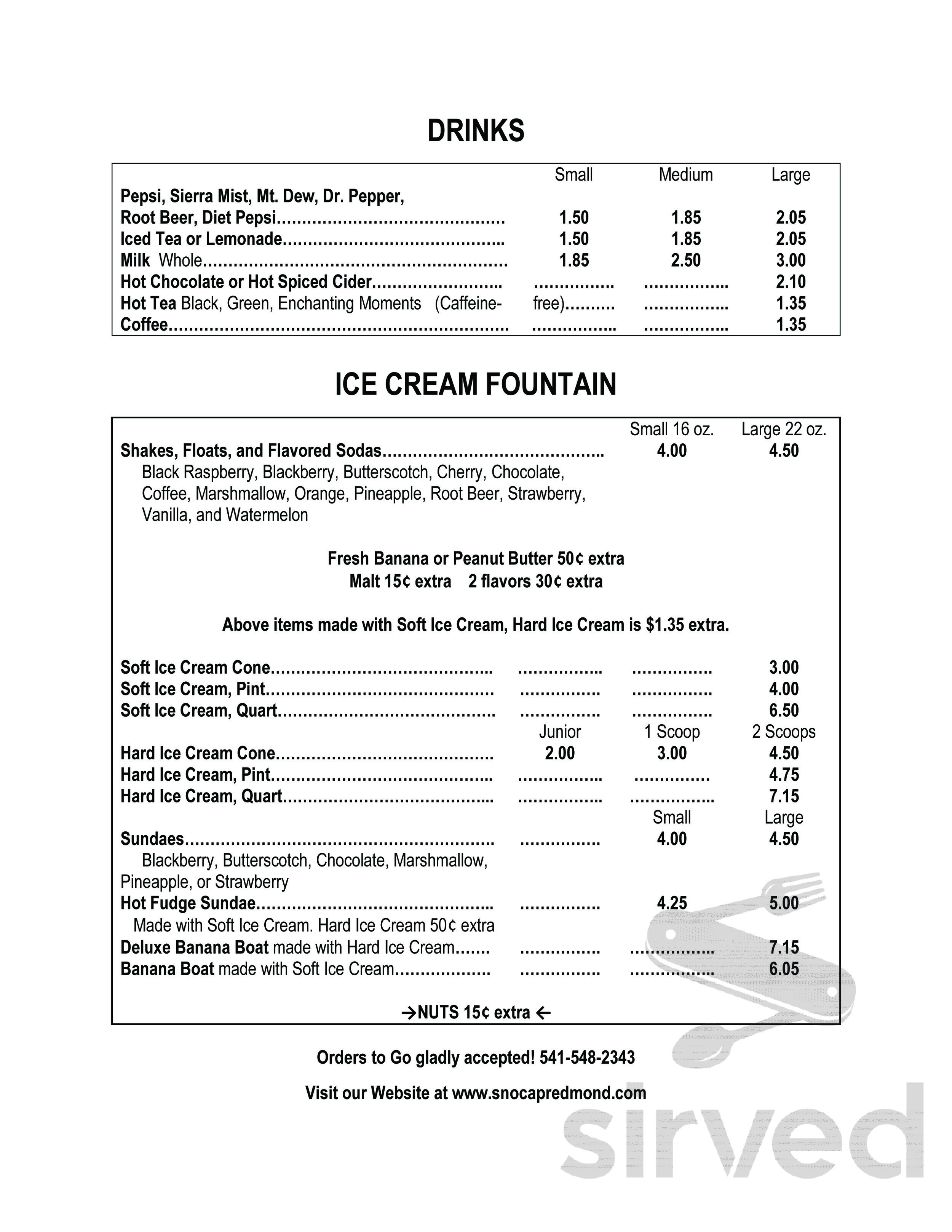 Sno-Cap Drive In Redmond menu in Redmond, Oregon, USA