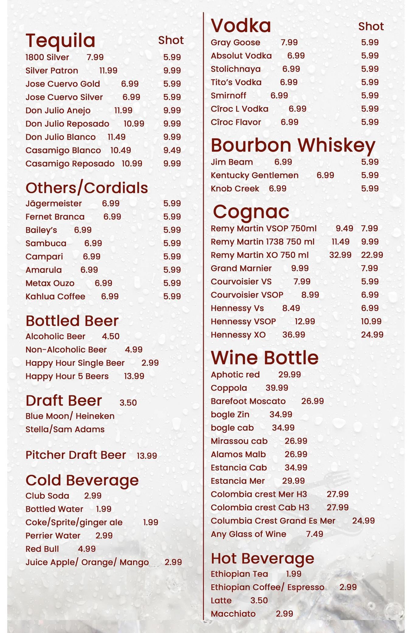 Shalla Ethiopian Restaurant and Bar menu in Silver Spring, Maryland, USA