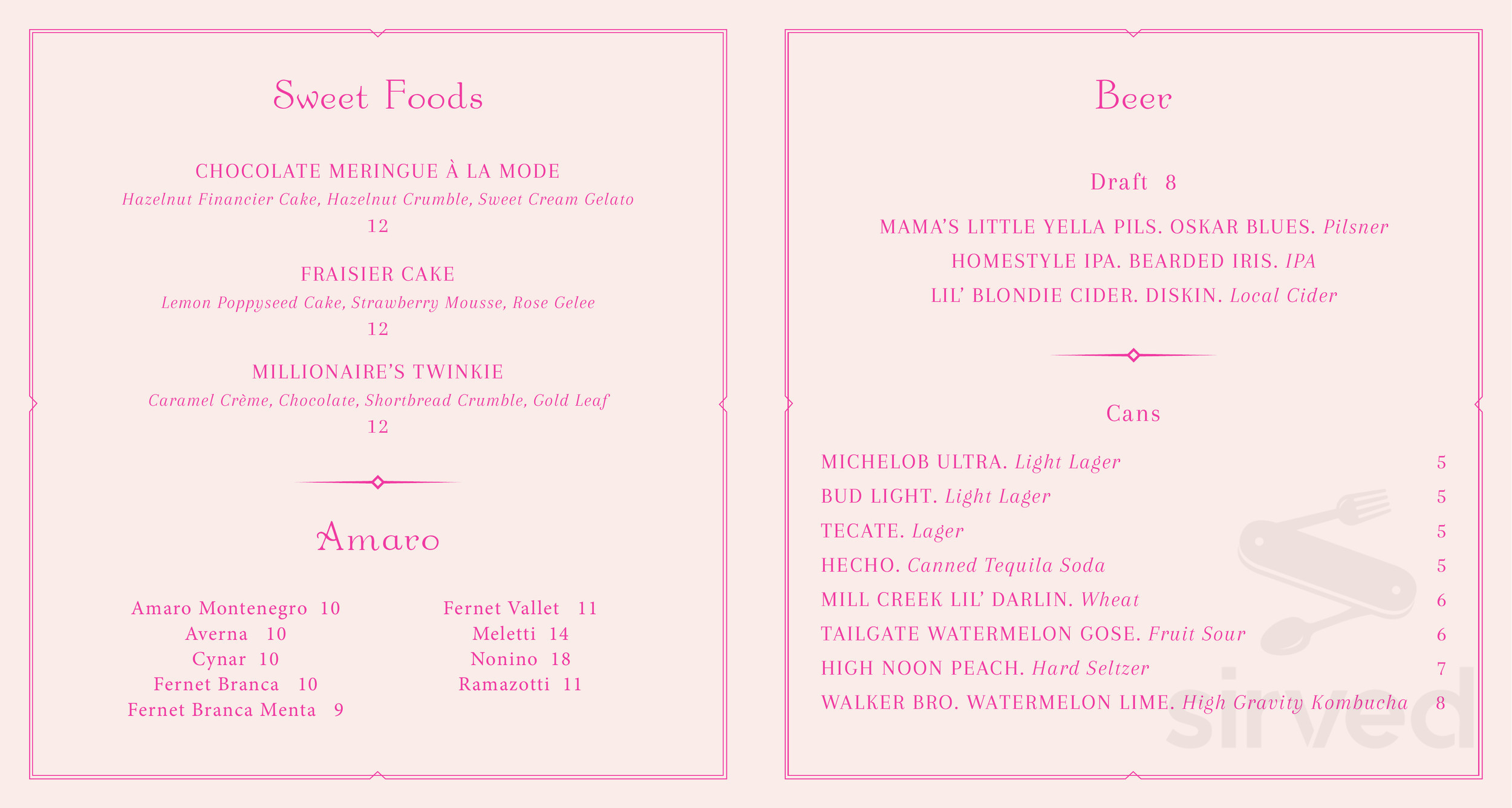 White Limozeen menu in Nashville, Tennessee, USA