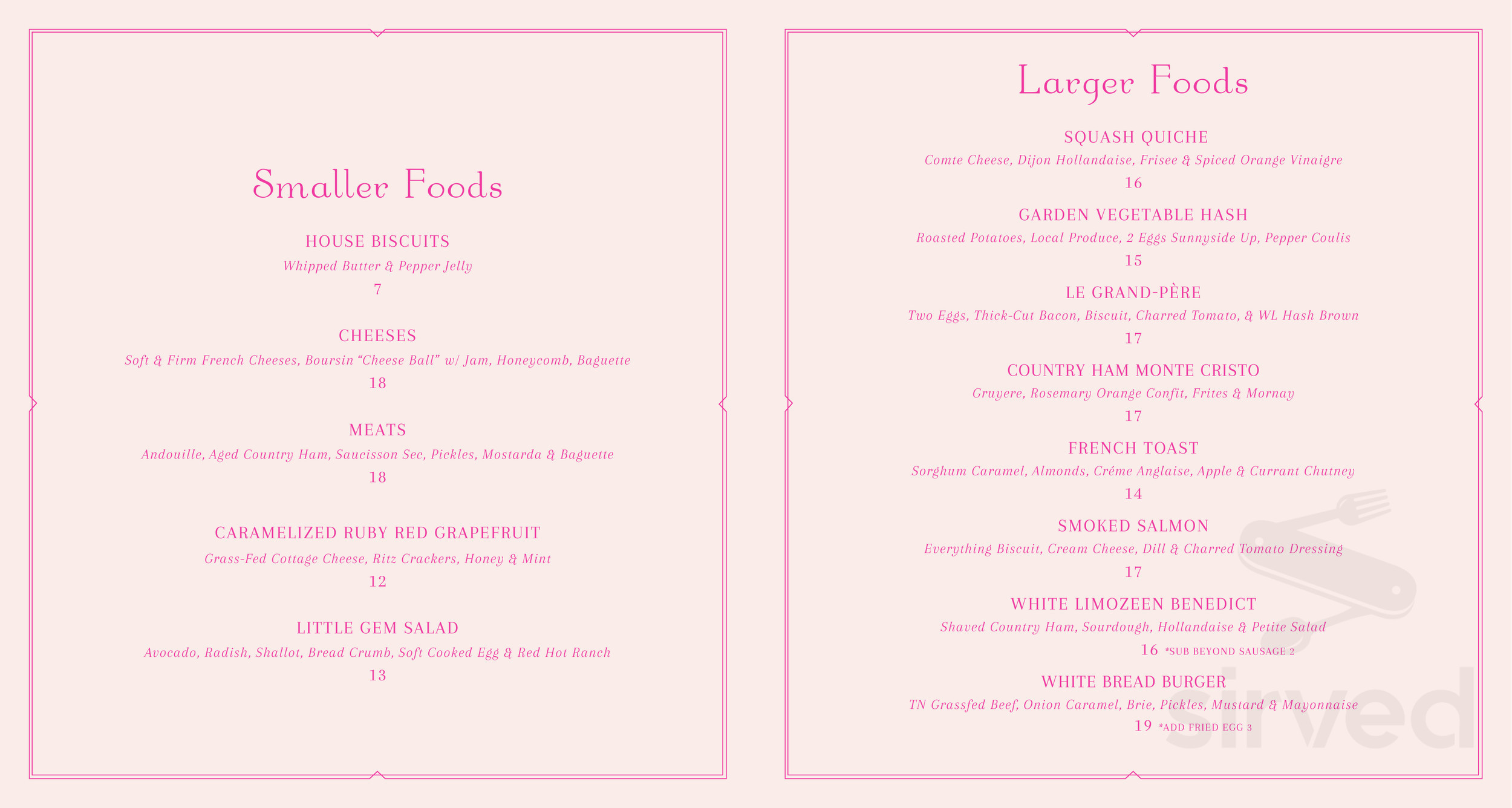 White Limozeen menus in Nashville, Tennessee, United States