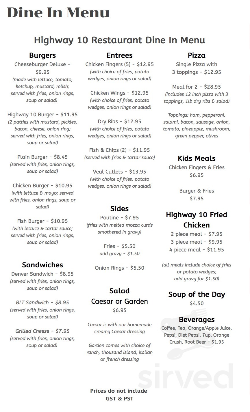 Highway 10 Restaurant menu in Melville, Saskatchewan, Canada