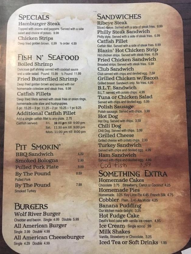 Wolf River Cafe menus in Rossville, Tennessee, United States