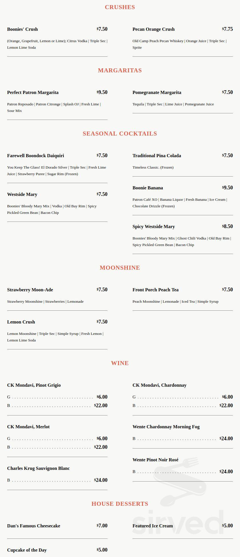 Boonies Burgers Beer & Bait menus in Tyaskin, Maryland, United States