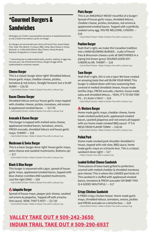 Pint House Burgers & Brews menu in Spokane, Washington, USA