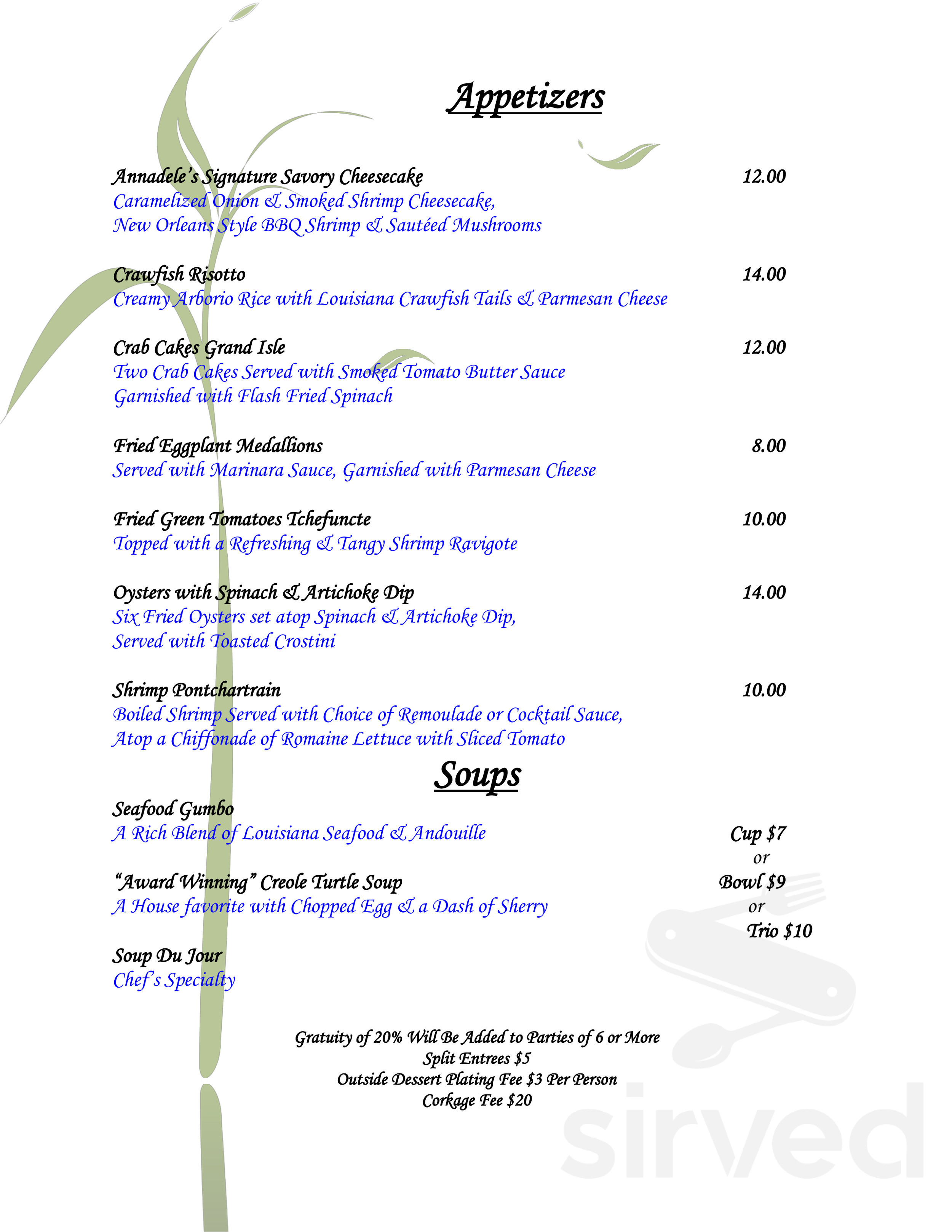Annadele's Plantation menu in Covington, Louisiana, USA