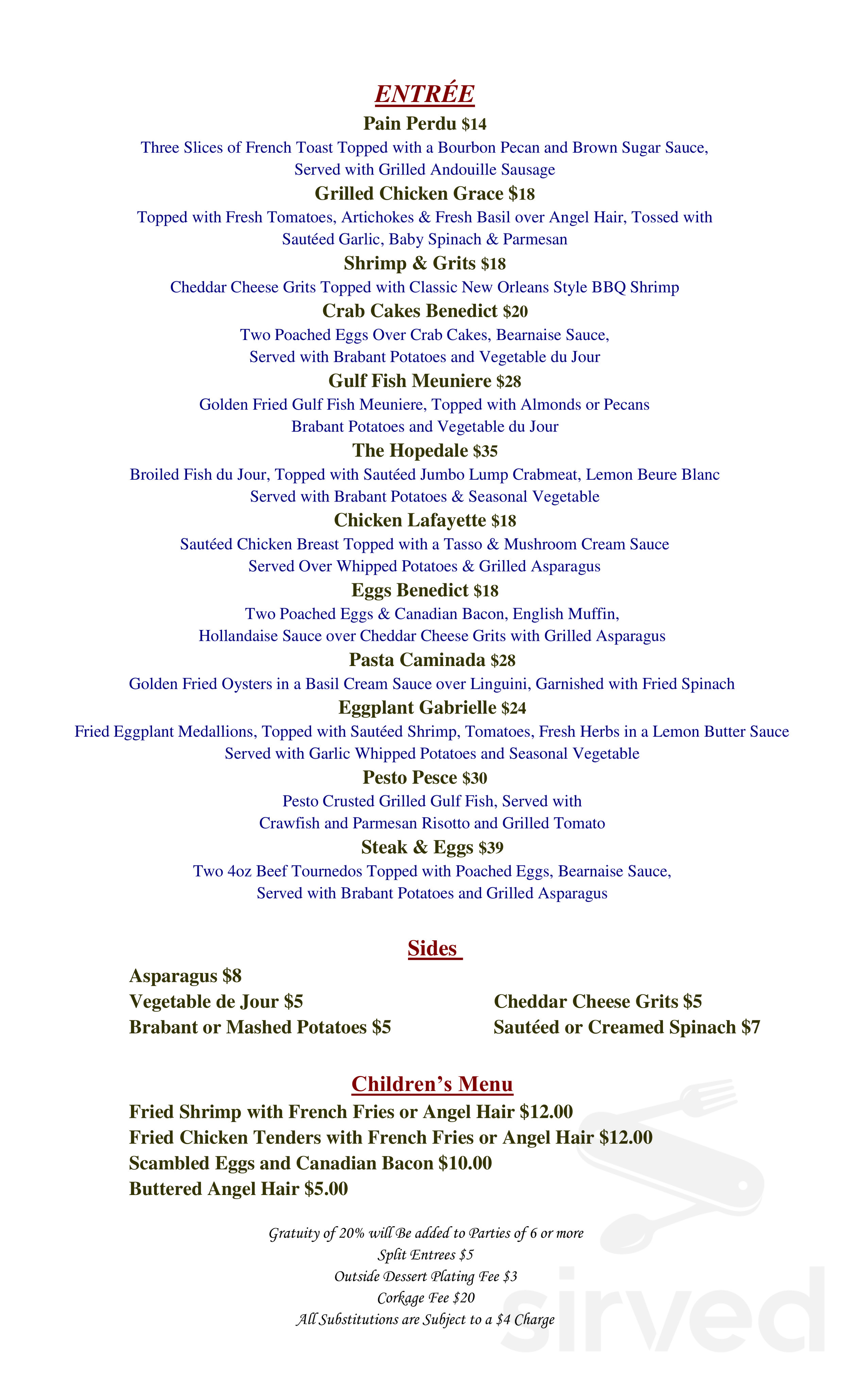 Menu - Covington LA's Annadele's Plantation | Sirved