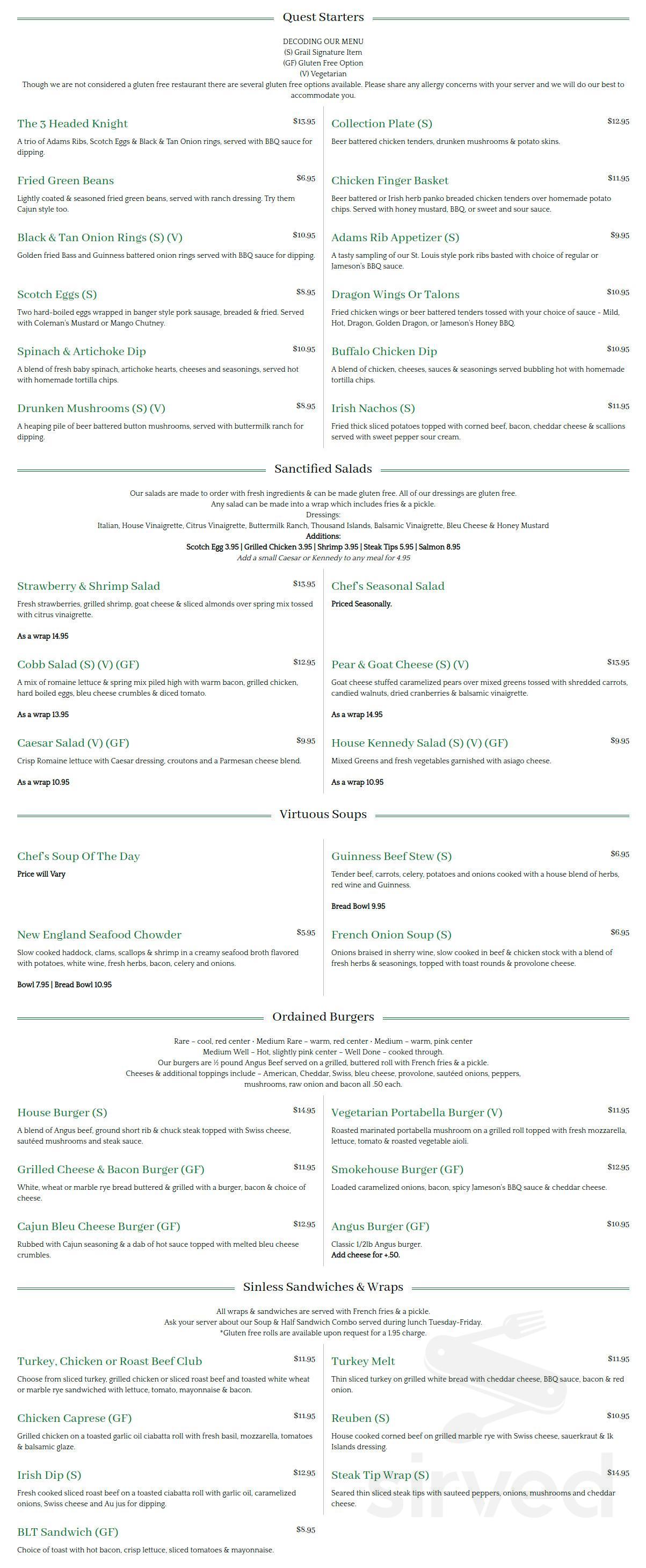 Holy Grail Restaurant and Pub menus in Epping, New Hampshire, United States