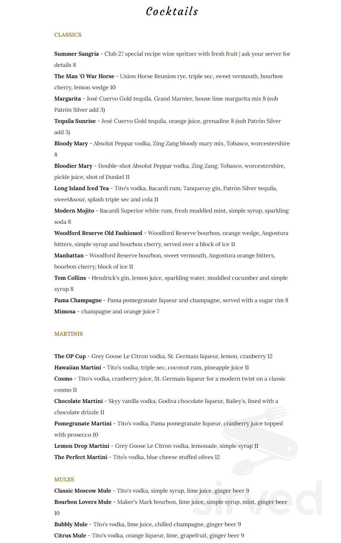 Menu for Club 27 Restaurant in Overland Park, KS | Sirved