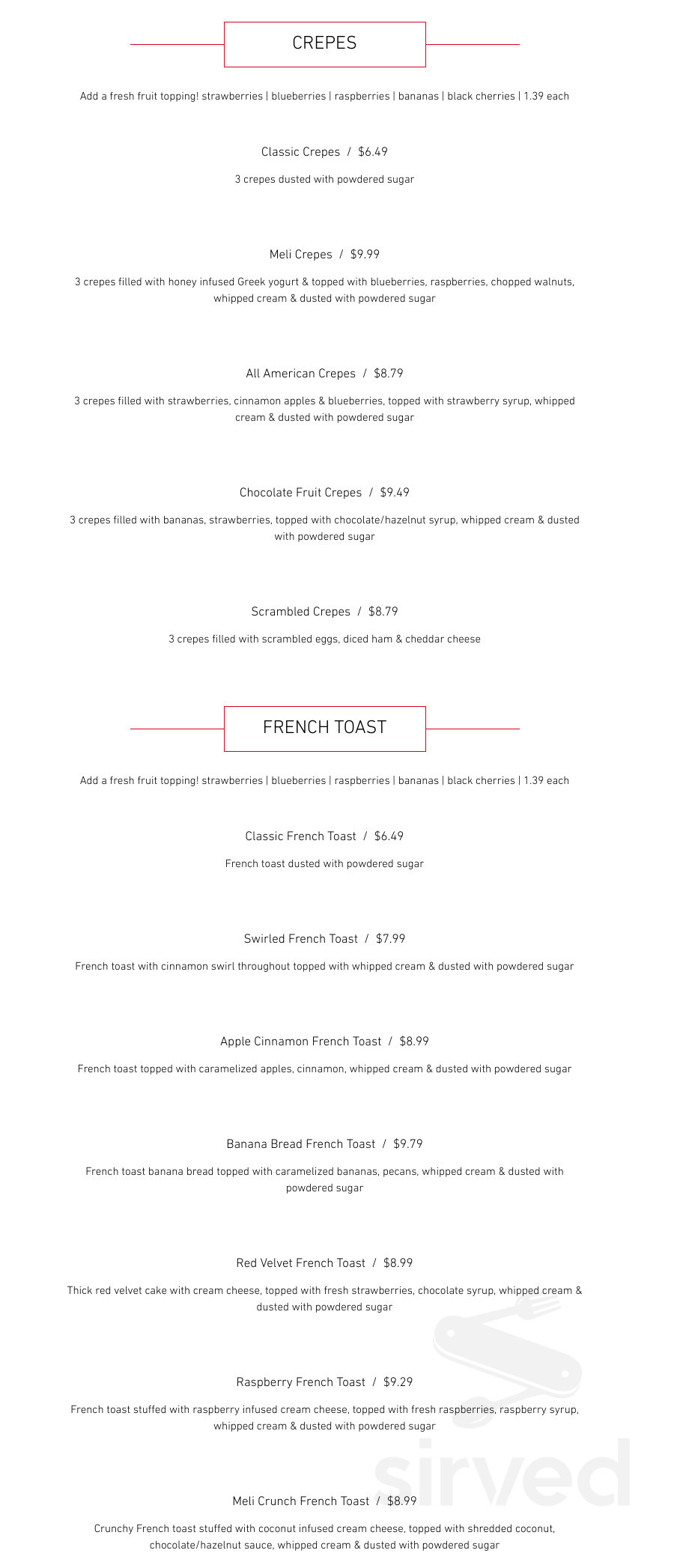 Meli Cafe Pancake House & Restaurant menu in Racine, Wisconsin, USA