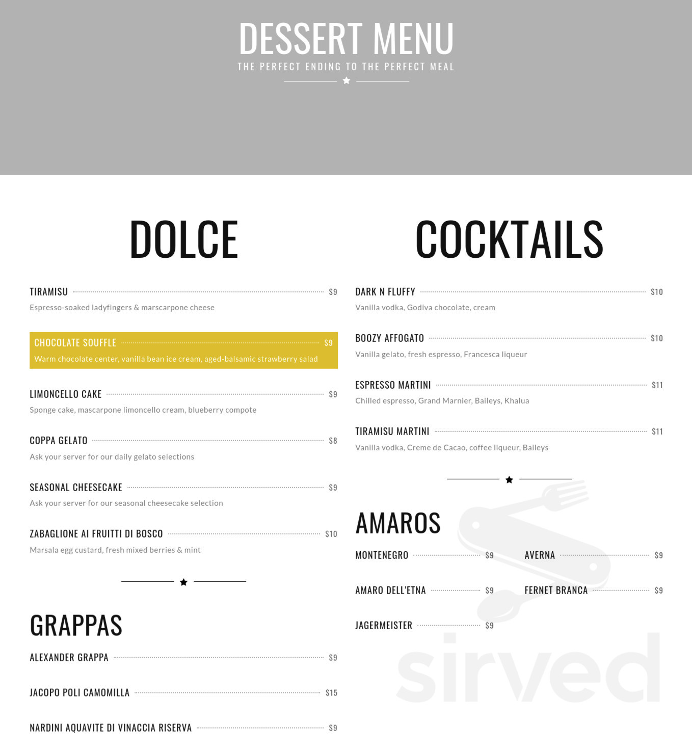 Menu for Amalfi Coast Italian + Wine Bar in Stevensville, MD | Sirved