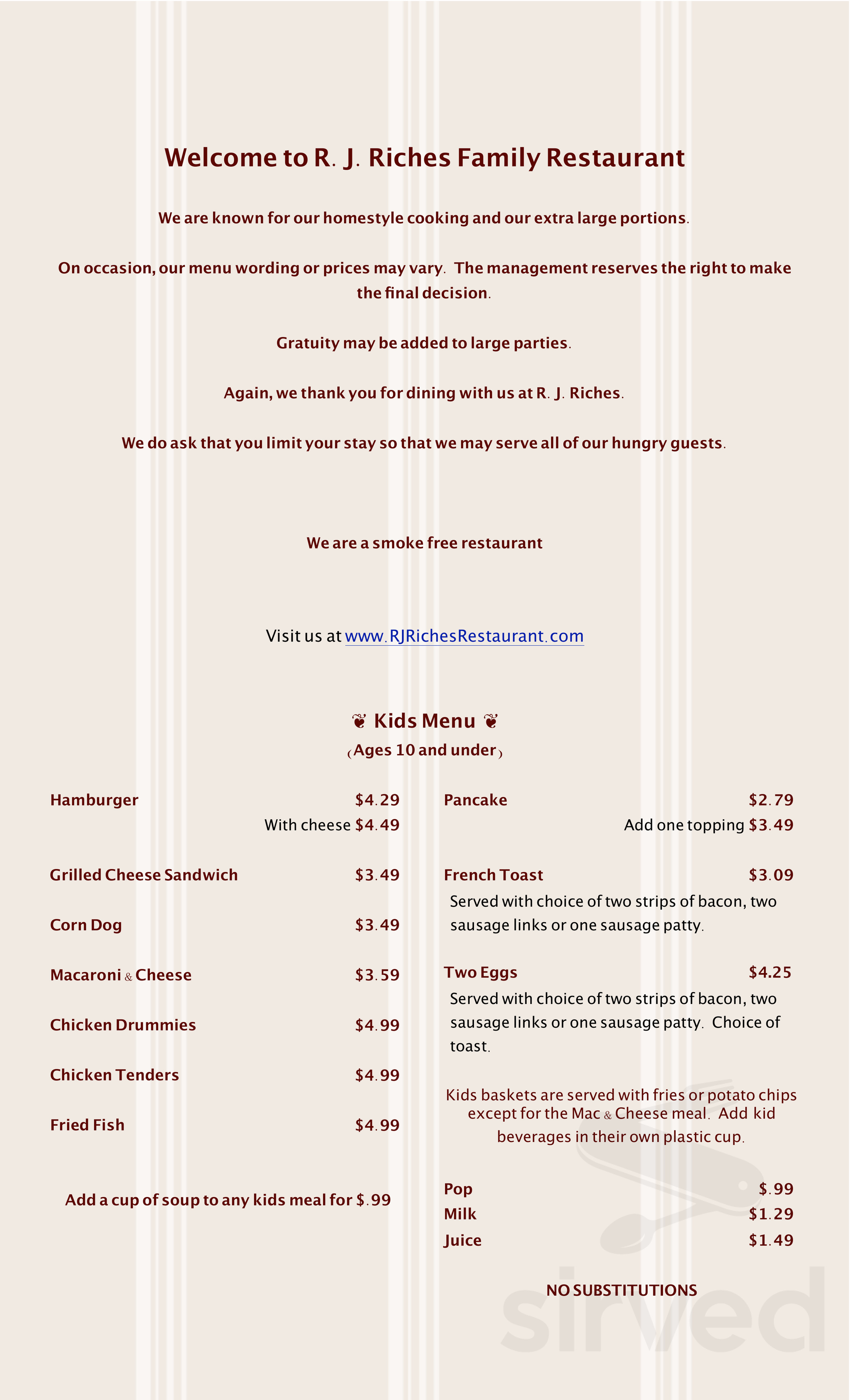 R J Riches menu in Mounds View, Minnesota, USA