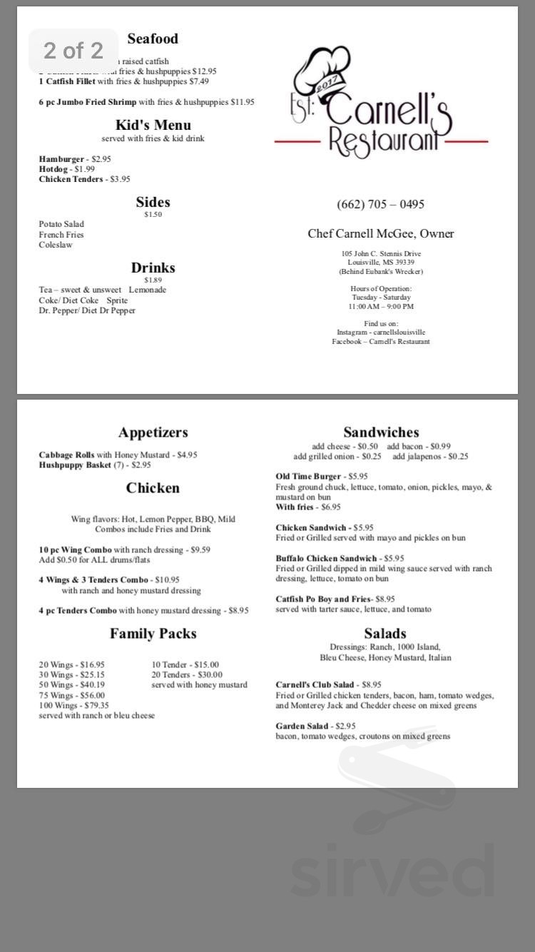 Menu for Carnell's Restaurant in Louisville, MS | Sirved