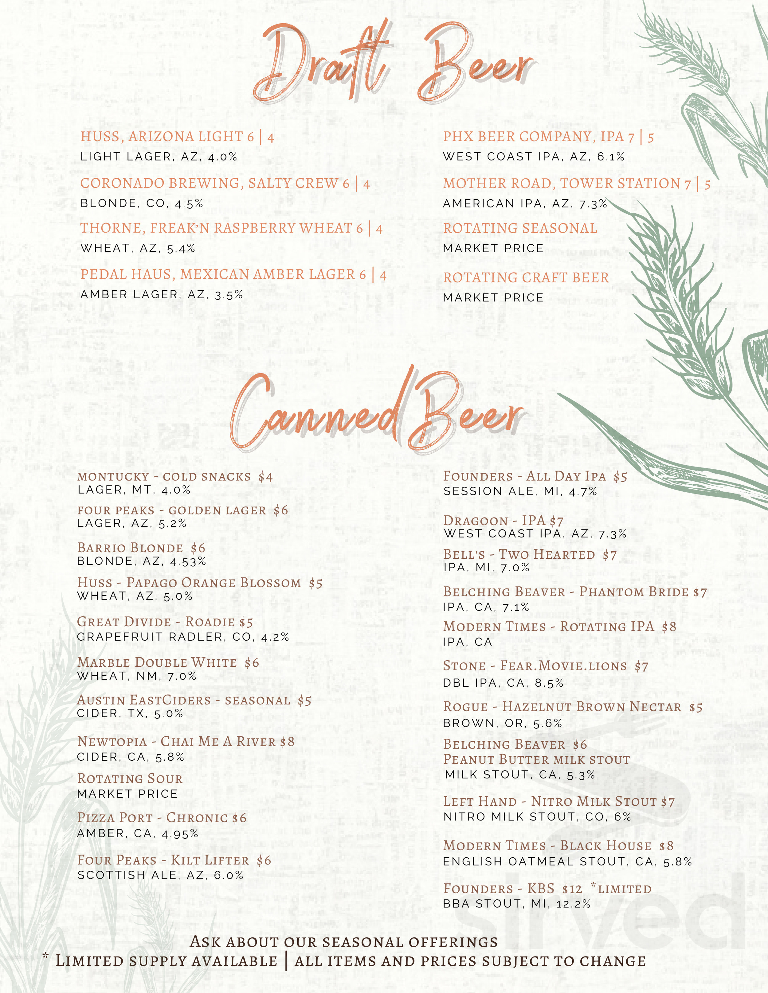 The Hidden House menu in Chandler, Arizona, USA