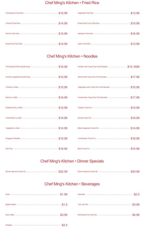 Chef Ming's menu in Beverly Hills, California, USA