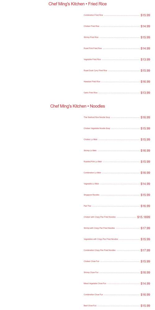 Chef Ming's menu in Beverly Hills, California, USA