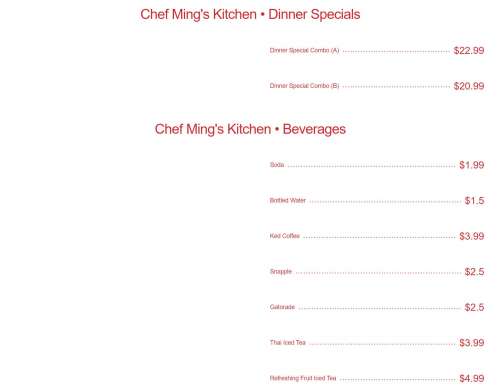 Chef Ming's menu in Beverly Hills, California, USA
