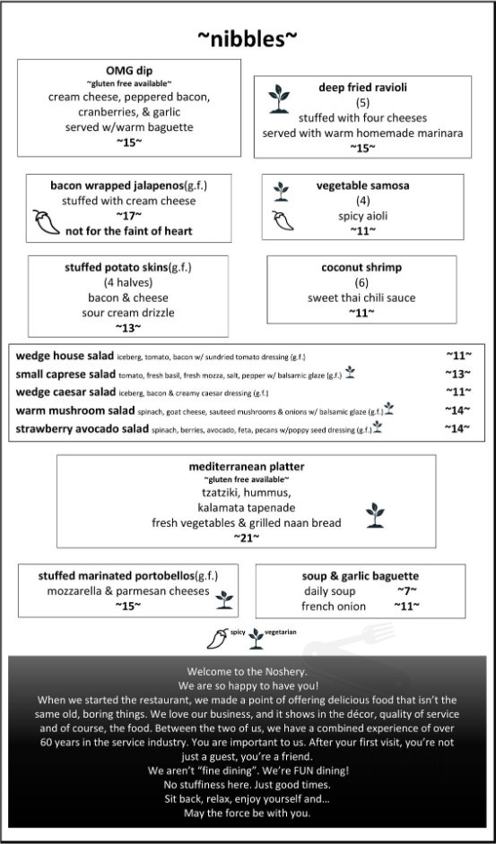 The Noshery Steakhouse menus in Brockville, Ontario, Canada