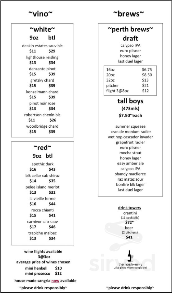 The Noshery Steakhouse menu in Brockville, Ontario, Canada