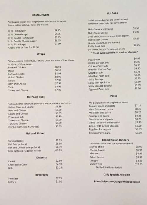 Jojo's Pizza menu in Johnstown, Pennsylvania, USA
