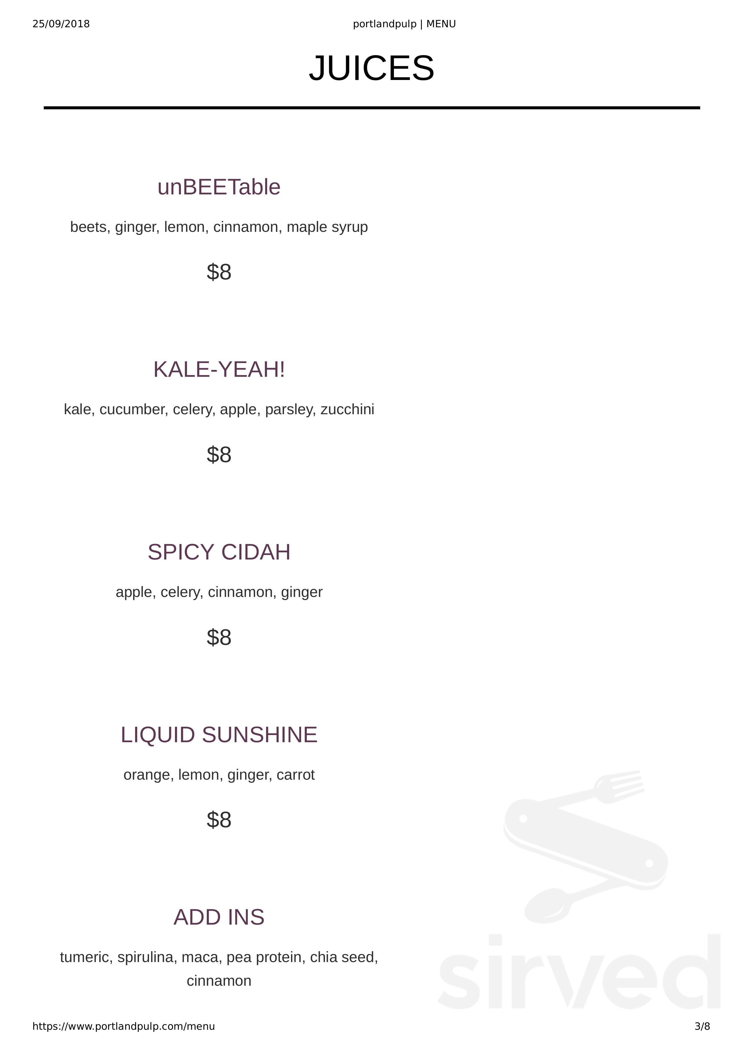 Portland Pulp menu in Portland, Maine, USA