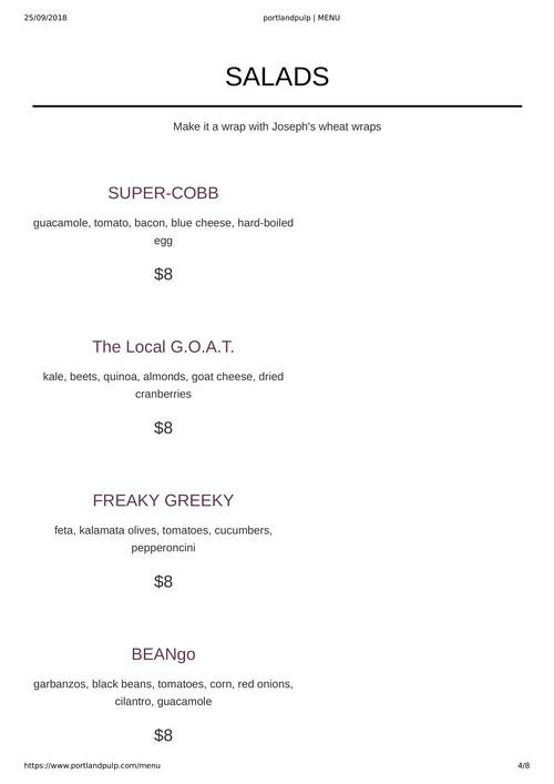 Portland Pulp menu in Portland, Maine, USA