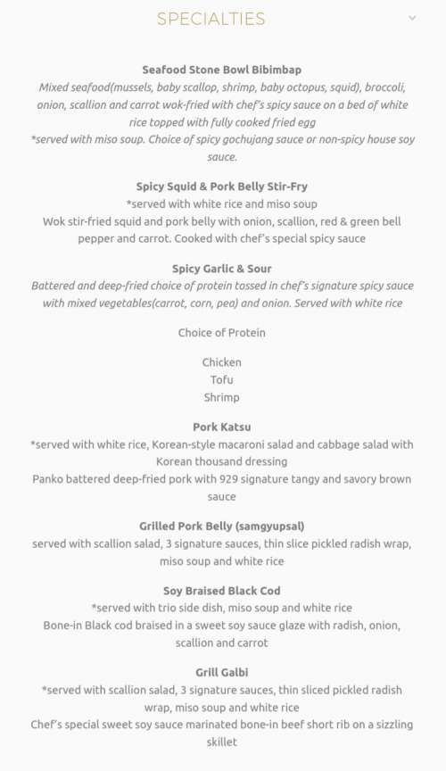 929 Kitchen & Bar menu in Columbia, South Carolina, USA