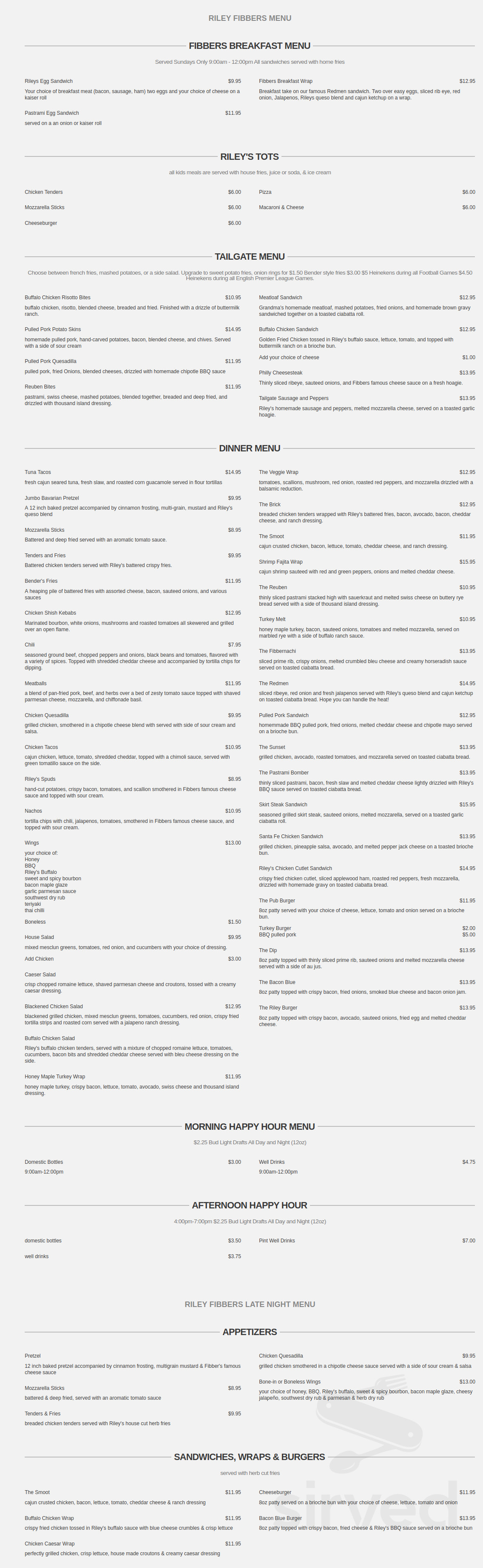 Riley Fibbers menu in East Islip, New York, USA