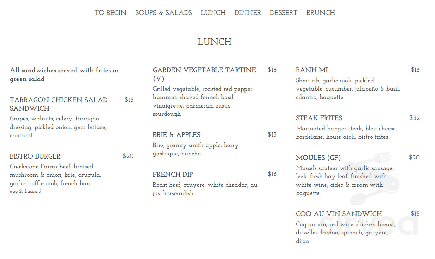 The Left Bank Bistro menu in St. Petersburg, Florida, USA