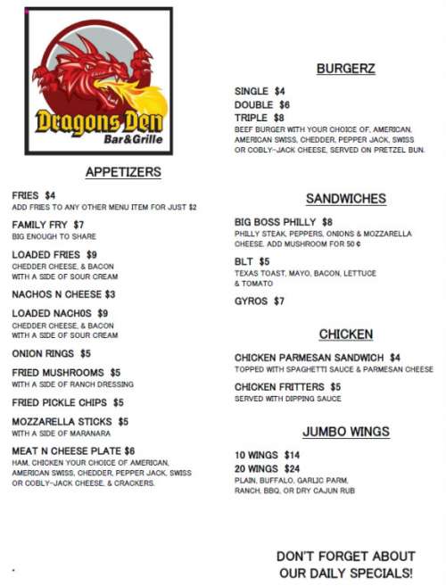 DRAGONS DEN BAR & GRILLE menu in Niles, Ohio, USA