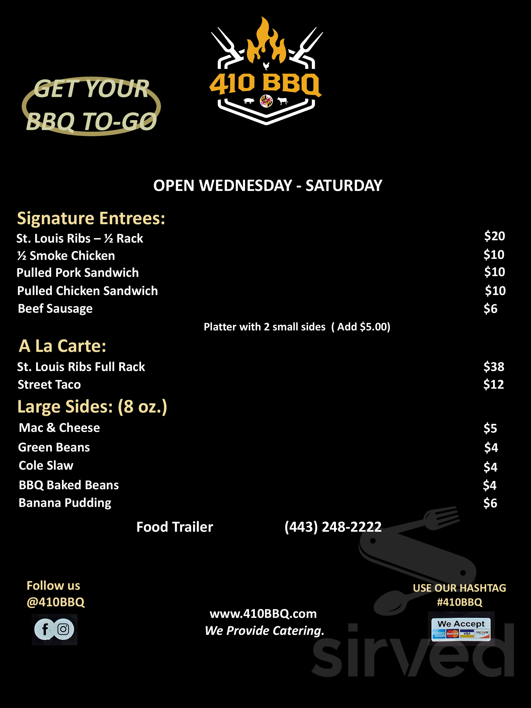 Menu - Columbia MD's 410 BBQ | Sirved
