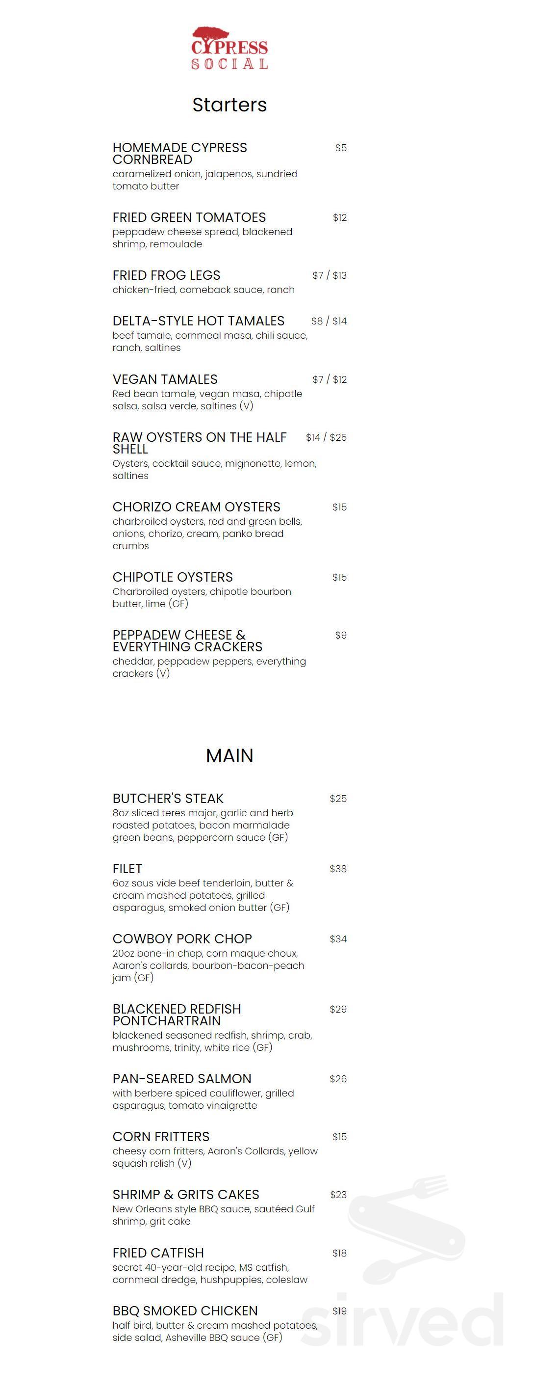 Cypress Social menus in North Little Rock, Arkansas, United States