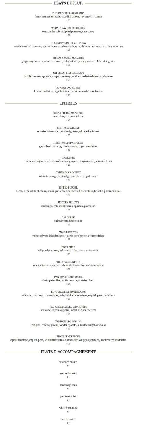 The Bistro menu in Jackson, Wyoming, USA