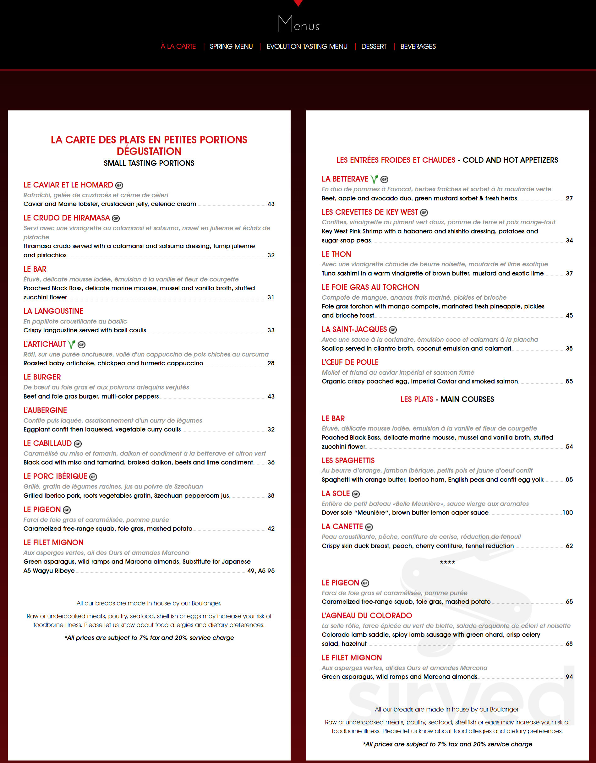 L'Atelier de Joël Robuchon menu in Miami, Florida, USA