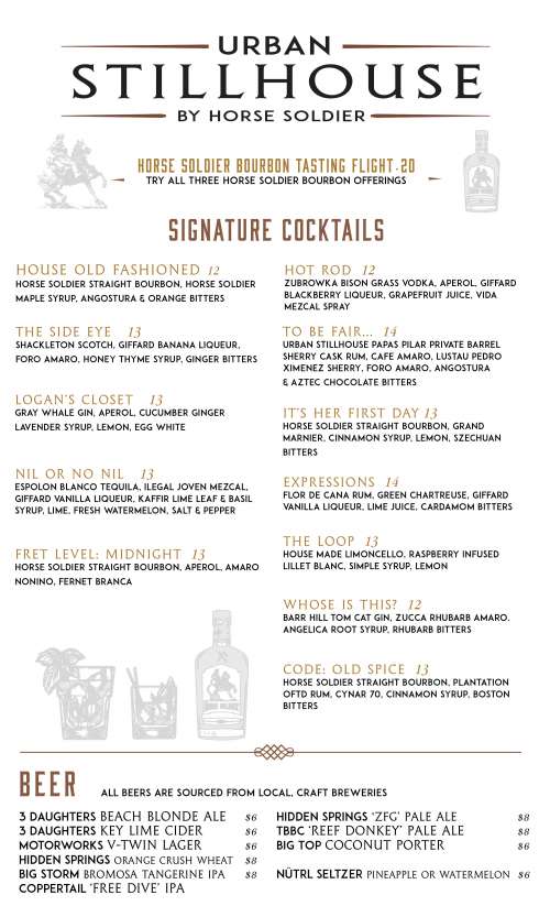 The Urban Stillhouse menu in St. Petersburg, Florida, USA