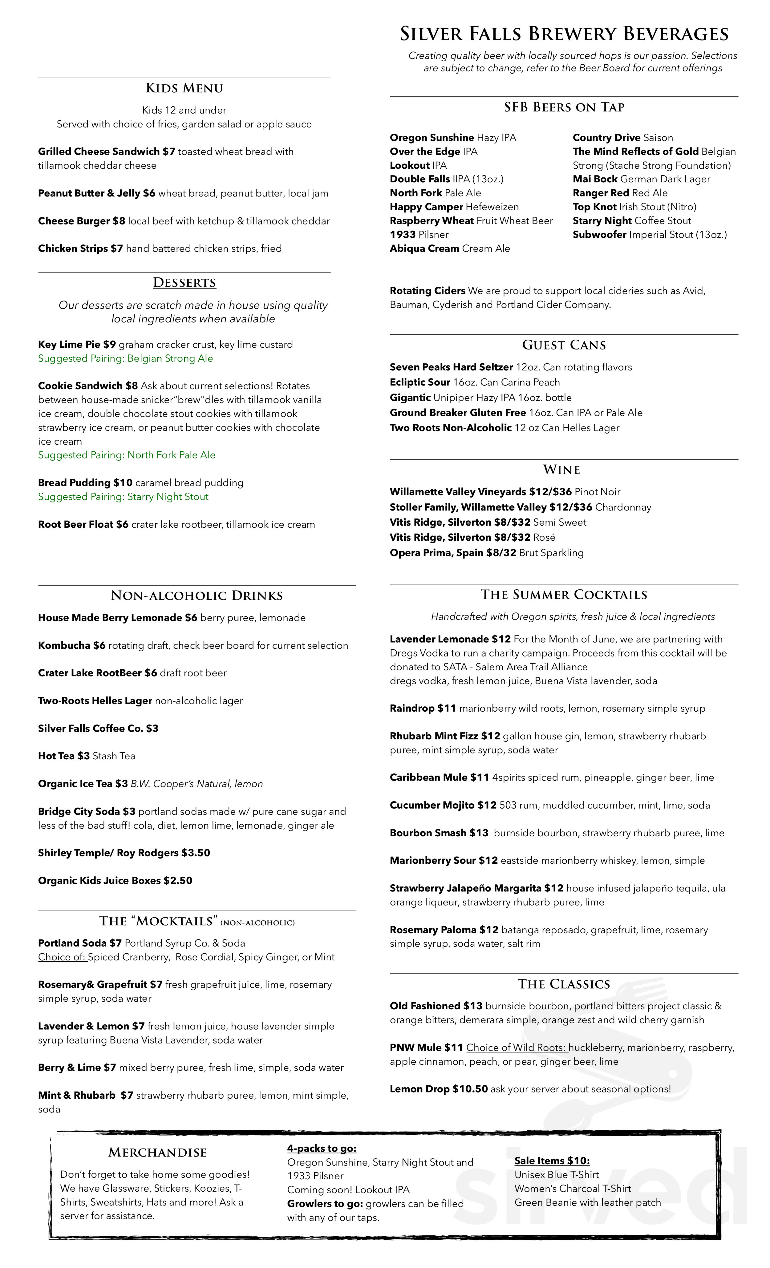 Menu - Silverton OR's Silver Falls Brewery Ale House | Sirved