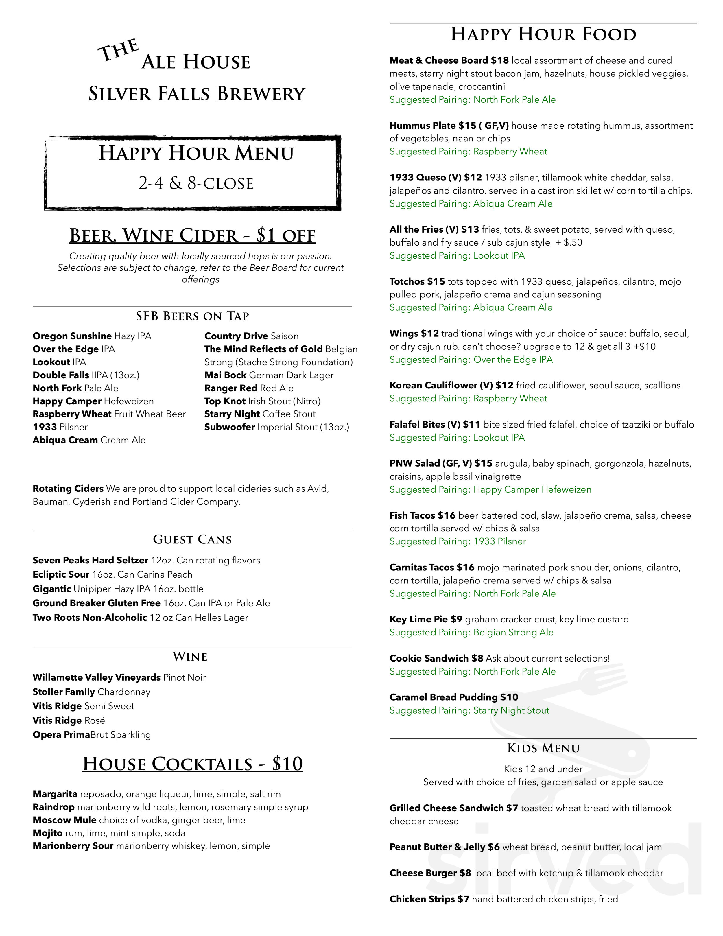 Silver Falls Brewery Ale House menu in Silverton, Oregon, USA