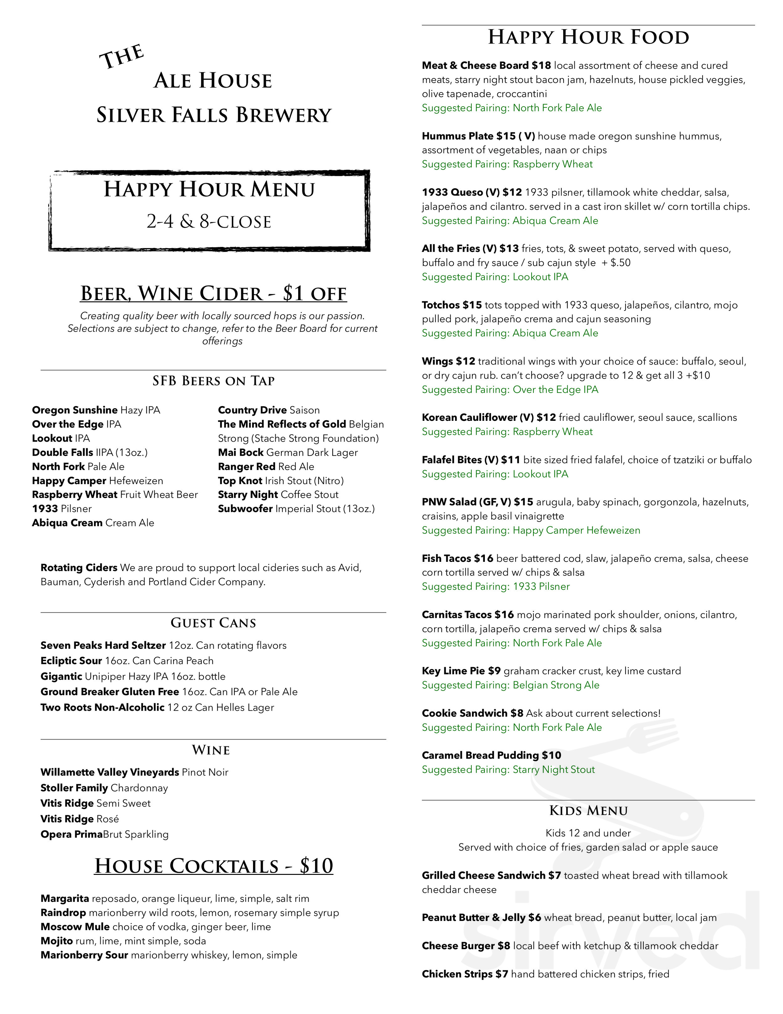 Menu - Silverton OR's Silver Falls Brewery Ale House | Sirved