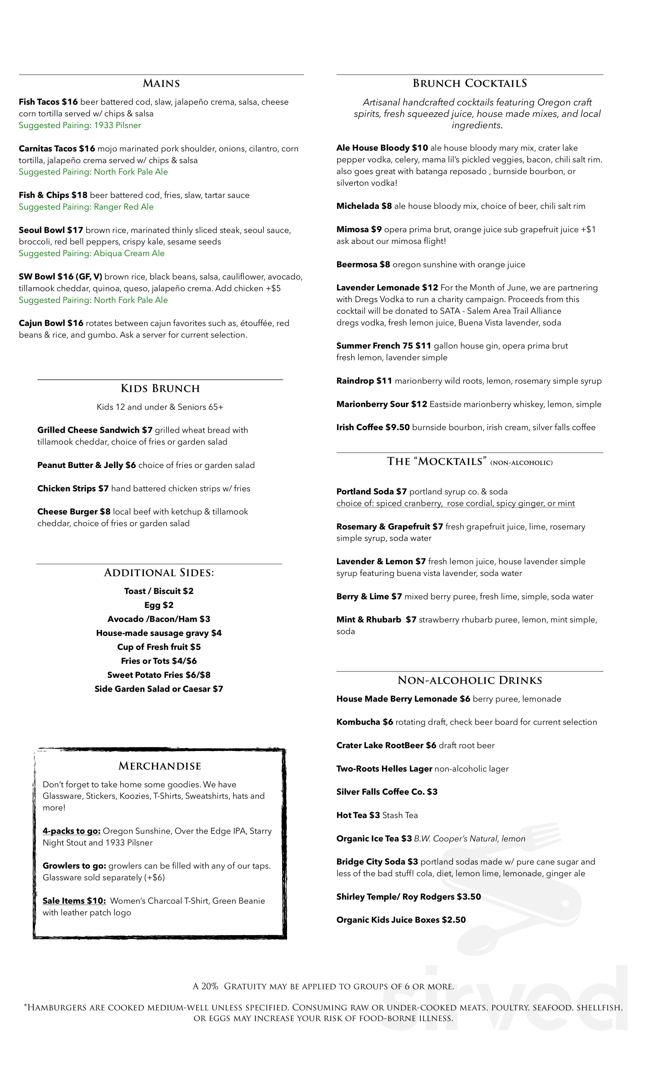Menu - Silverton OR's Silver Falls Brewery Ale House | Sirved