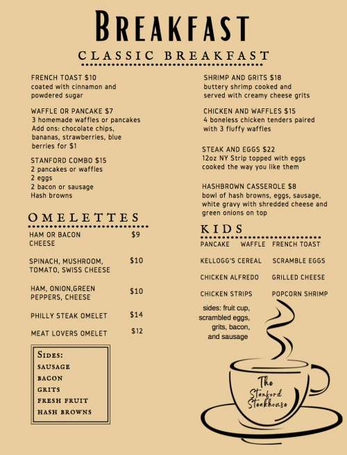 The Stanford Steakhouse menu in Waynesboro, Mississippi, USA