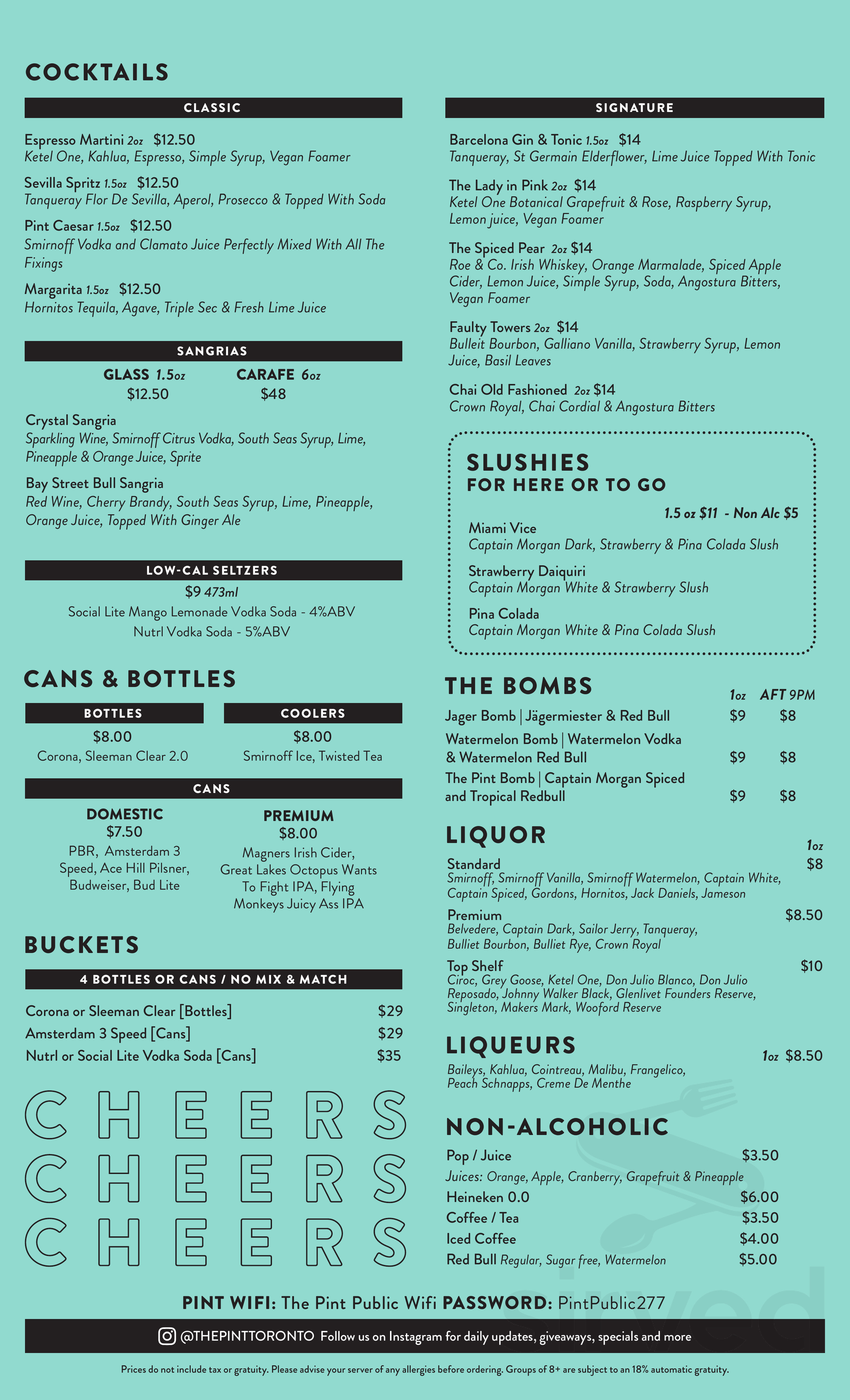 The Pint Public House menus in Toronto, Ontario, Canada
