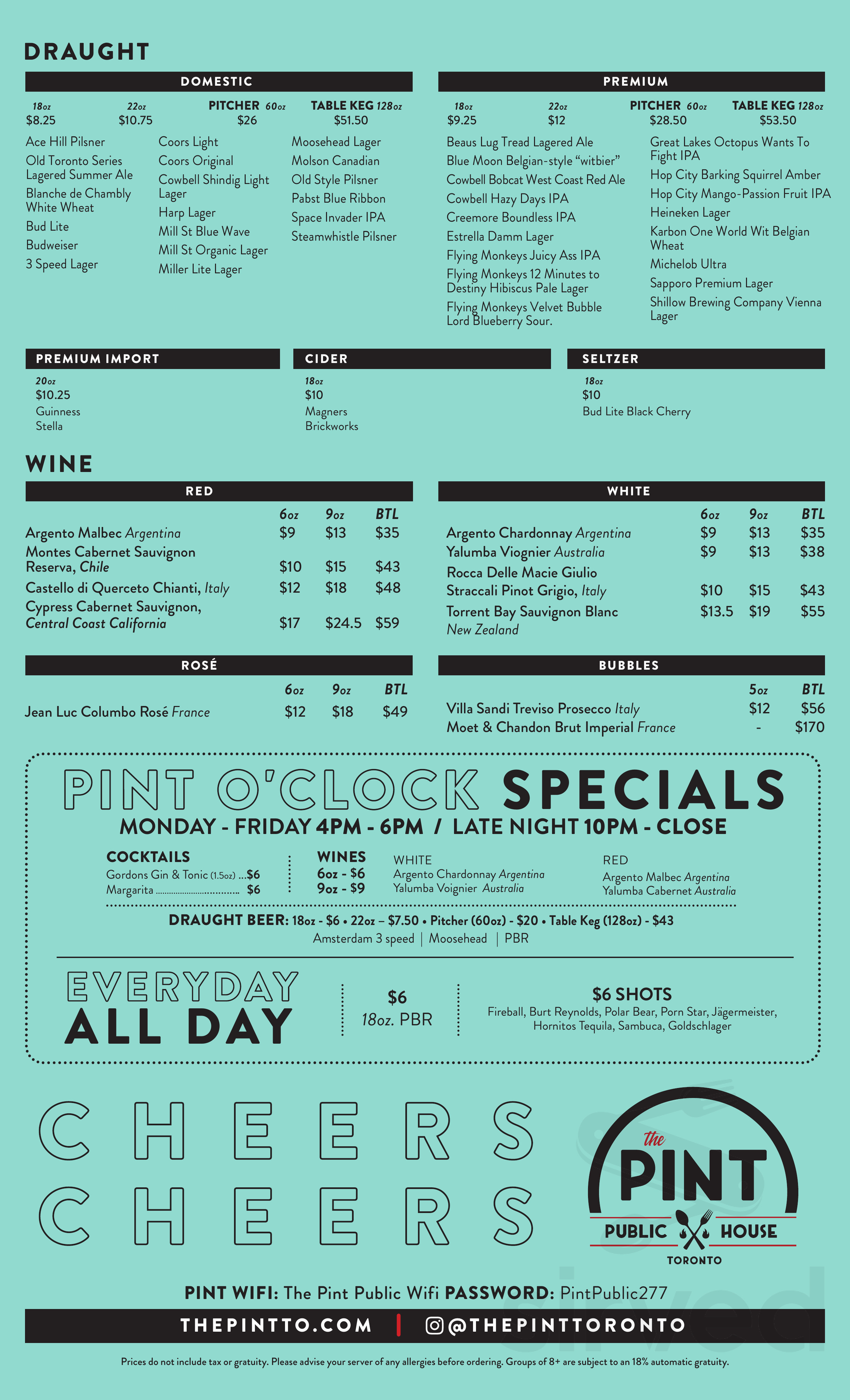 The Pint Public House menus in Toronto, Ontario, Canada