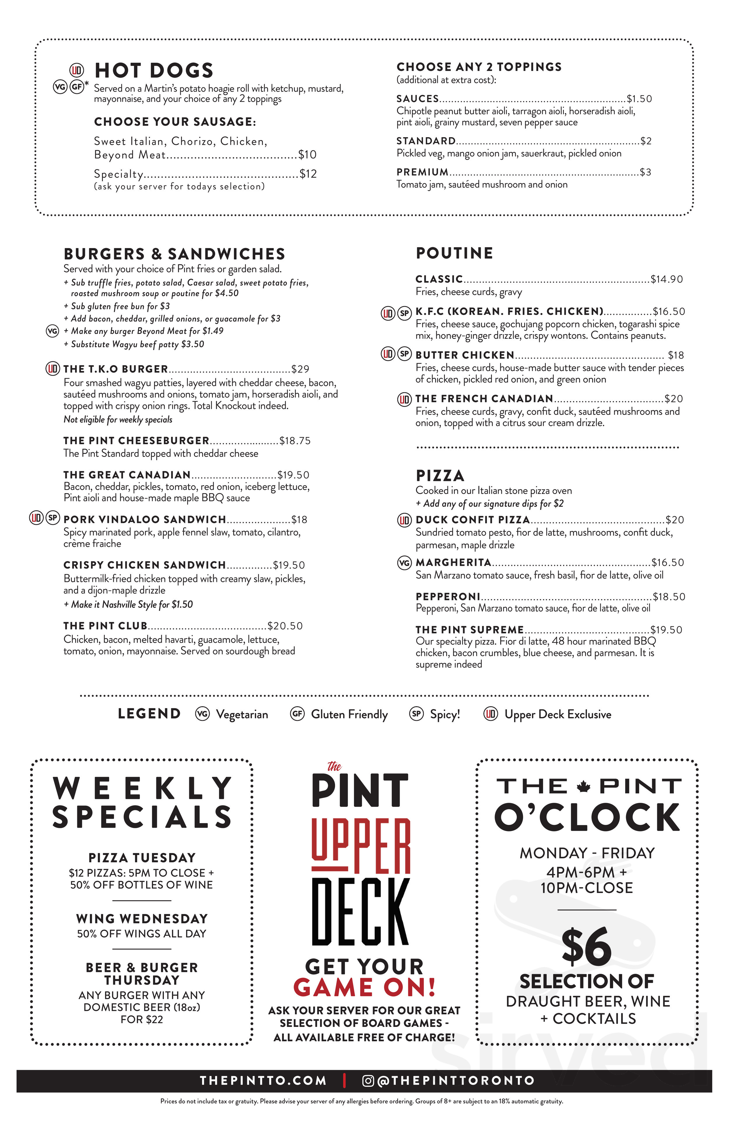 The Pint Public House menus in Toronto, Ontario, Canada