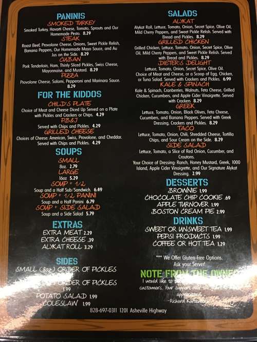 Alykat Deli menu in Hendersonville, North Carolina, USA