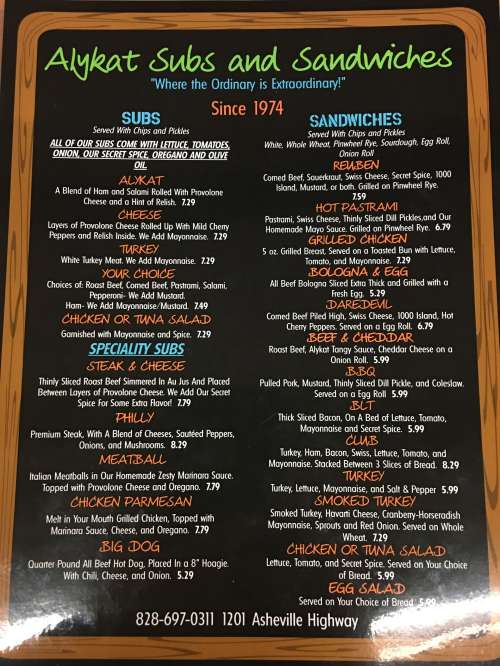 Alykat Deli menu in Hendersonville, North Carolina, USA