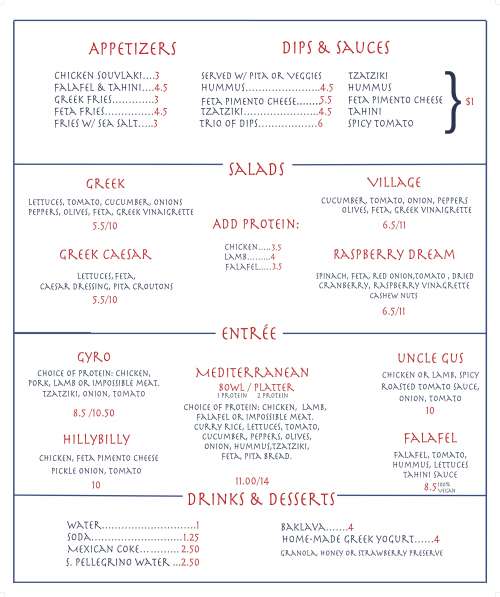 Platia menu in Charleston, South Carolina, USA