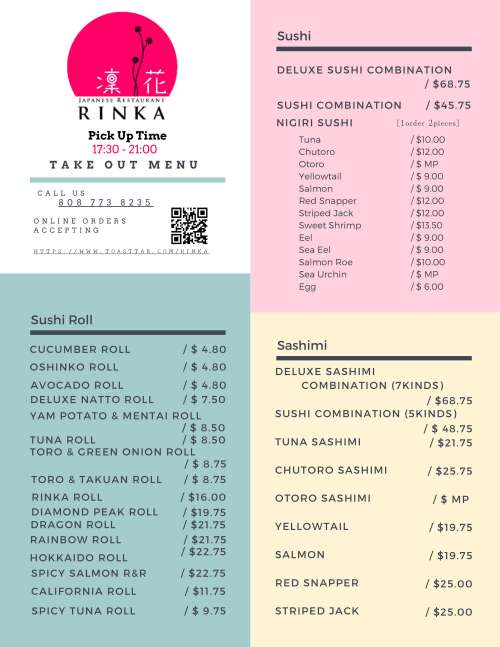 Rinka menu in Honolulu, Hawaii, USA