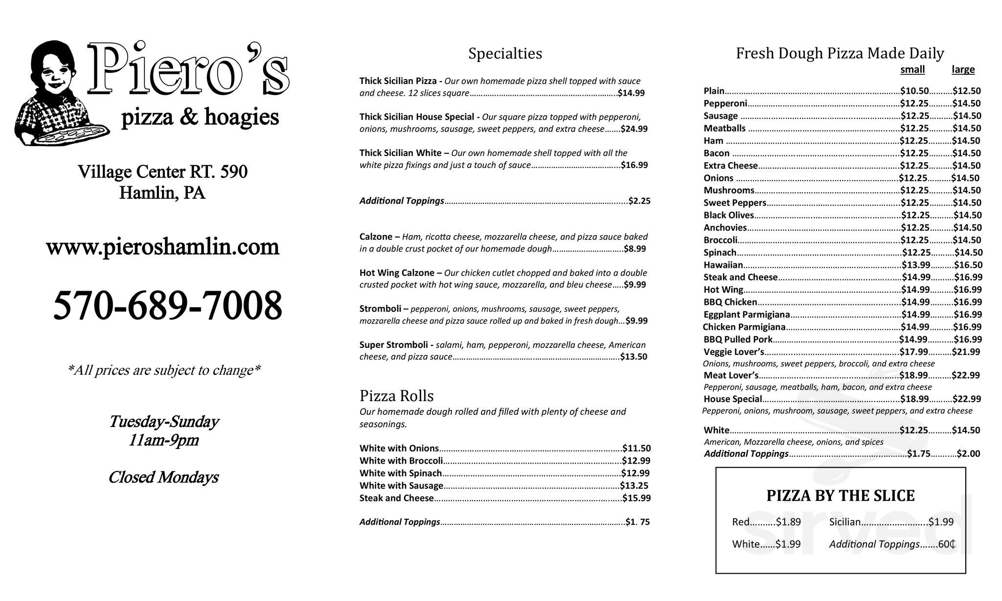 Piero's Pizza menu in Lake Ariel, Pennsylvania, USA
